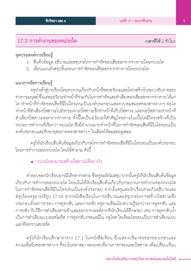 แนวการจัดการเรียนรู้ที่ 17.3 การทำงานของหน่วยไต - My IPST