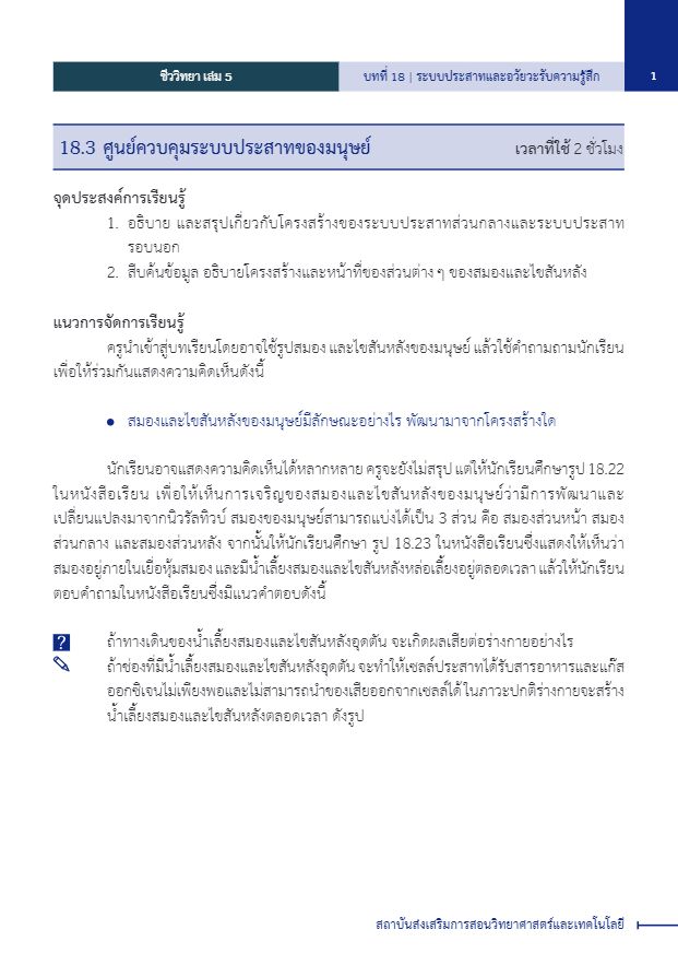 แนวการจัดการเรียนรู้ที่ 18.3 ศูนย์ควบคุมระบบประสาทของมนุษย์ - My IPST